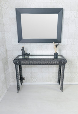 Black Embossed Metal Mirrored Glass Console Table