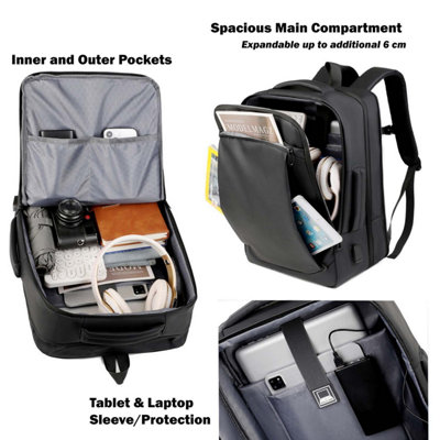 Black Expandable Backpack USB Port Nylon Travel Rucksack Fits 15.6 ...