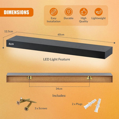 Black Floating Shelf with LED Lights Wall Mounted Display for Bedroom ...