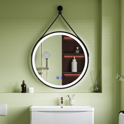 Black Framed Round LED Bathroom Mirror with Removable Belt, Dimmable 3 ...
