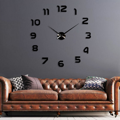 Black Frameless 3D Giant Wall Clock Stick-On Wall Clock for Modern ...