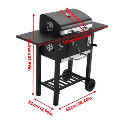 Black Garden Outdoor Charcoal BBQ Grill with Lid Cover Wheels and Side ...