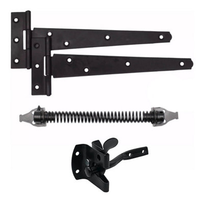 Black Gate Latch Set - Includes Auto Gate Latch, Tee Hinges & Gate Spring