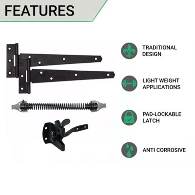 Black Gate Latch Set - Includes Auto Gate Latch, Tee Hinges & Gate Spring