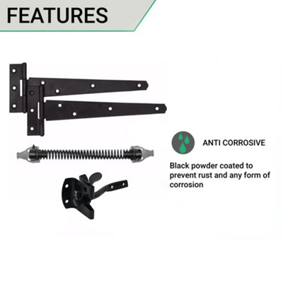 Black Gate Latch Set - Includes Auto Gate Latch, Tee Hinges & Gate Spring