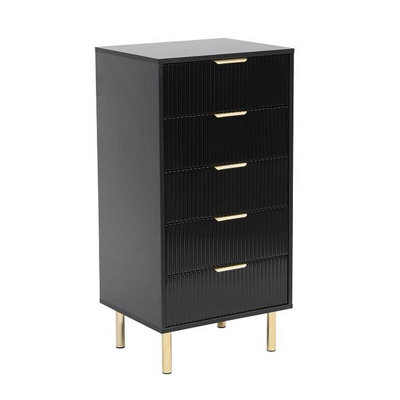 Black Gloss Chest of Drawers, Gold Handles & Legs, 5 Drawer