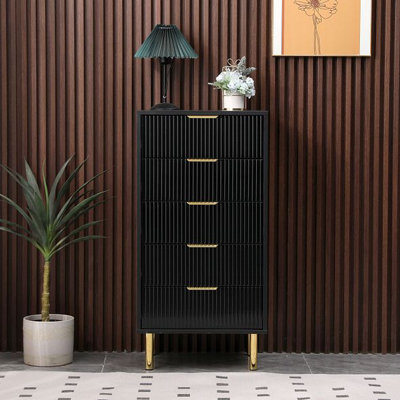Black Gloss Chest of Drawers, Gold Handles & Legs, 5 Drawer