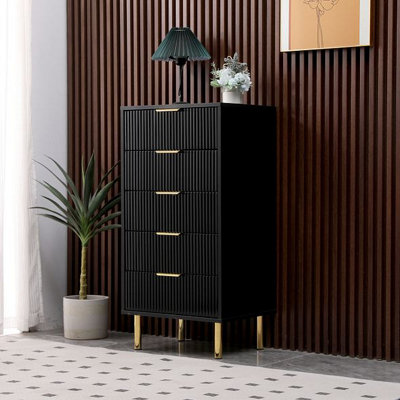 Black Gloss Chest of Drawers, Gold Handles & Legs, 5 Drawer
