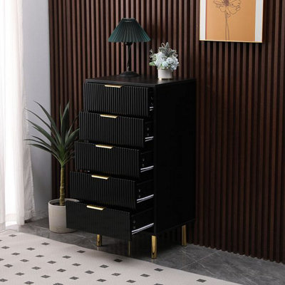 Black Gloss Chest of Drawers, Gold Handles & Legs, 5 Drawer