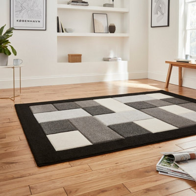 Black Grey Modern Geometric Bordered Chequered Rug for Living Room ...