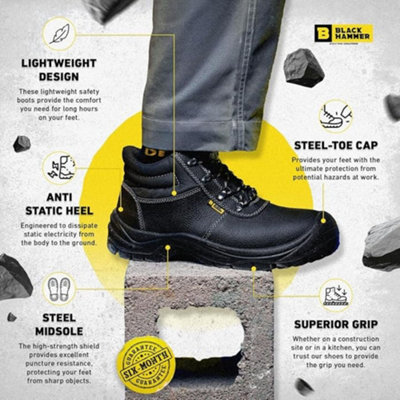 Black Hammer 1400 Mens Safety Boots Work Shoes Leather Steel Toe Cap ...