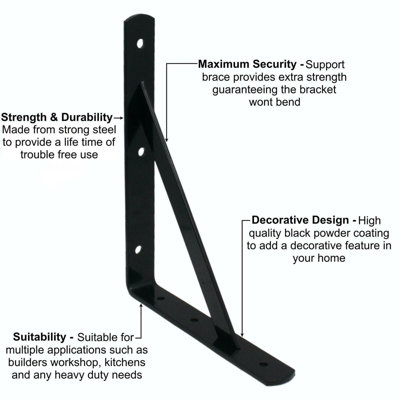 Black Heavy Duty Shelf Brackets PAIR 500x330x30x4mm with Reinforcing ...