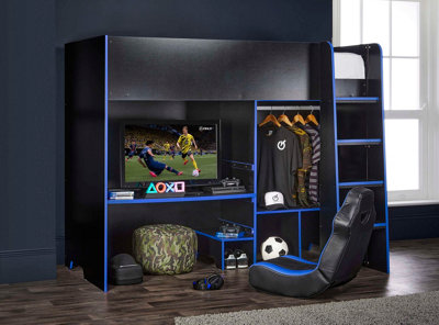 Black High Sleeper Children s Kids Bed with Adjustable Desk Top Open Wardrobe with Blue edging