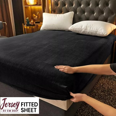 Black Jersey Fitted Sheets Hotel Quality Single Double Super King Size Cotton Fitted 30CM Extra ...