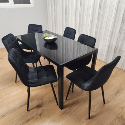 Black Kitchen Dining Table And 6 Black Tufted Velvet Chairs Set Of 6 ...