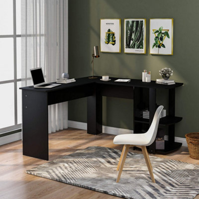 Black L Shaped Desk with Shelves, 140CM Computer Desk
