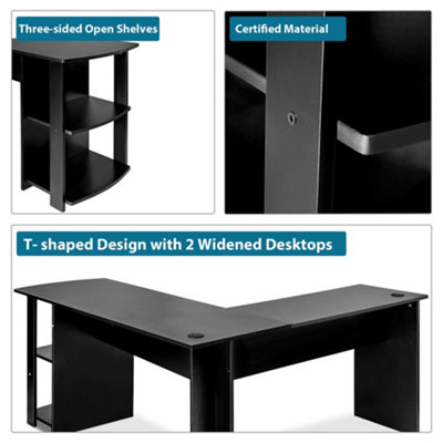 Black L Shaped Desk with Shelves, 140CM Computer Desk