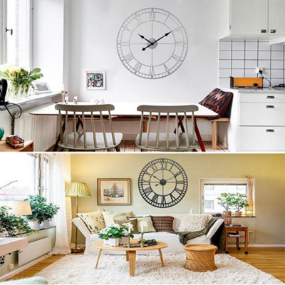 Black Large Wall Clock Roman Numeral Silent Non Ticking for Kitchen ...