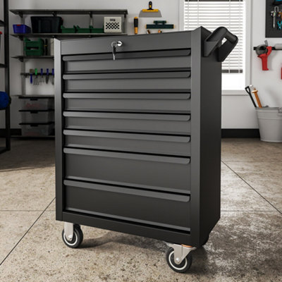 Black Lockable 7 Drawers Heavy Duty Metal Workshop Tool Trolley Rolling Cabinet