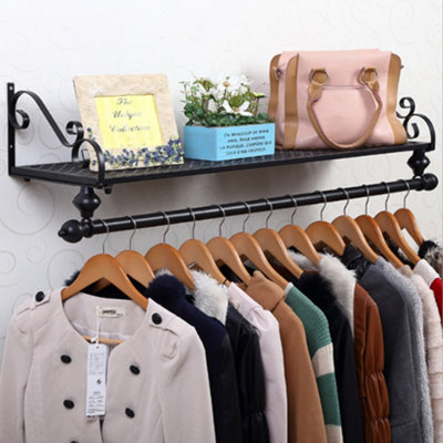 Black Metal Clothes Rail Wall Mounted Garment Hanging Rack with Display ...