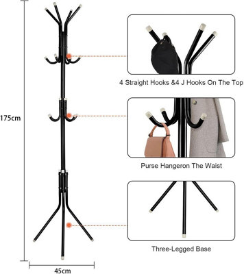 Black Metal Coat Stand with 12 Hooks - Floor Standing Hat & Clothes Rack