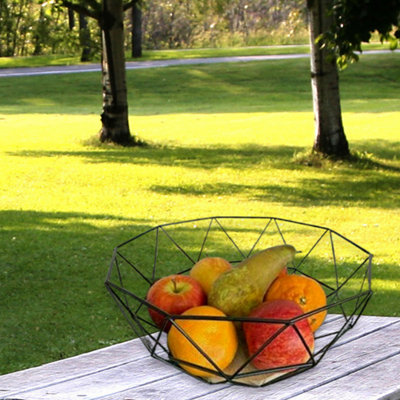 BLACK METAL FRUIT BOWL WITH WOODEN STAND