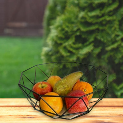 BLACK METAL FRUIT BOWL WITH WOODEN STAND
