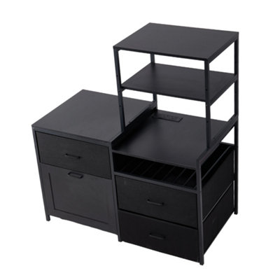 Black Mini Fridge Stand with Wine Rack and Power Socket