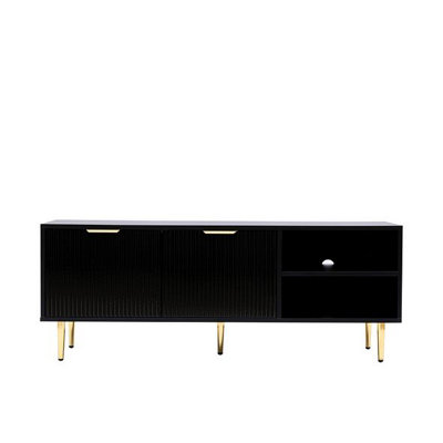Black MMT TV Stand, TV Stand Cabinet with Fluted Ribbed Gloss Doors and ...
