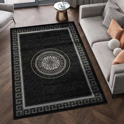 Black Modern Border Design Area Rug 160X230 Cm Soft Thick Pile Living ...