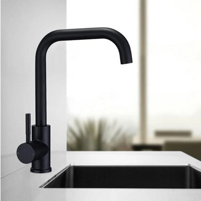 Black Modern Kitchen Sink Mixer Taps Swivel Spout Single Lever Tap Mono ...