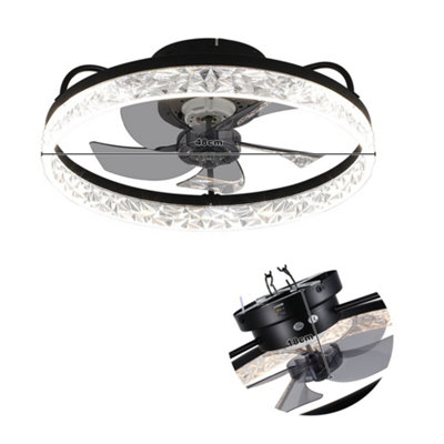 Black Modern Round Crystal Ceiling Fan Light with Remote Control 50cm Dia