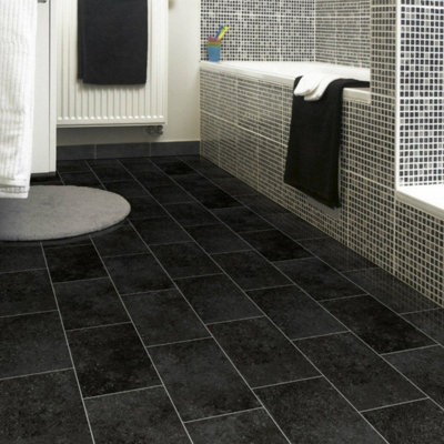 Black Modern Tile Effect Anti-Slip Vinyl Flooring for Home, Shops ...