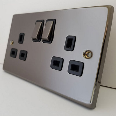 Black Nickel 2 Gang 13A 2 USB Twin Double Switched Plug Socket - Black ...