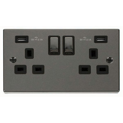 Black Nickel 2 Gang 13A DP Ingot 2 USB Twin Double Switched Plug Socket ...