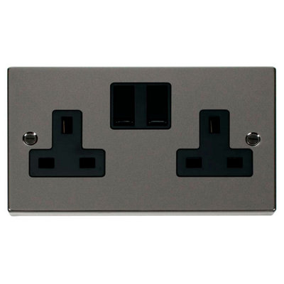 Black Nickel 2 Gang 13A Twin Double Switched Plug Socket - Black Trim ...
