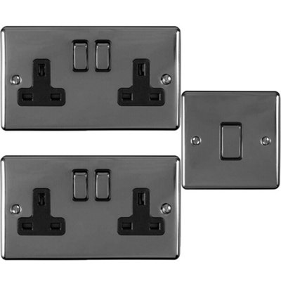BLACK NICKEL Bedroom Socket & Switch Set - 1x Light & 2x Double UK ...