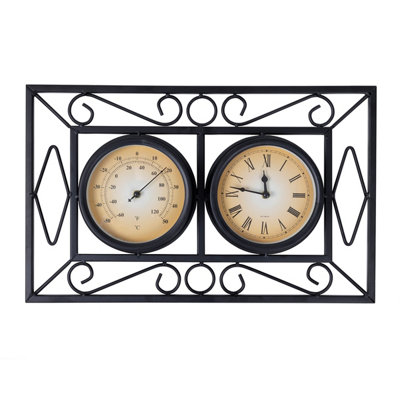 Black Ornate Garden Outdoor Metal Wall Mounted Frame Clock & Thermometer