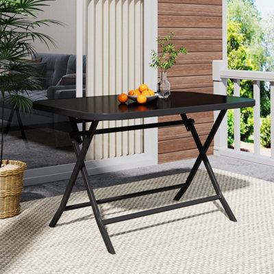 Black Outdoor 120cmW Metal Folding Glass Table with Parasol Hole