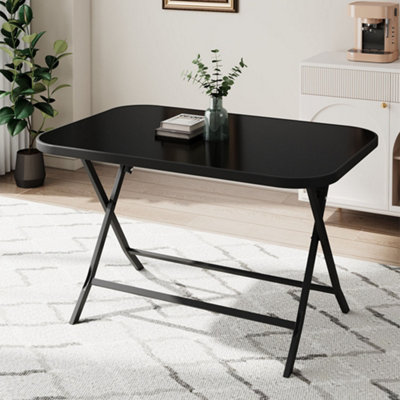 Black Outdoor 120cmW Metal Folding Glass Table with Parasol Hole