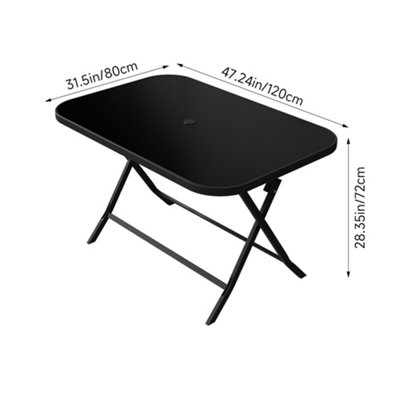 Black Outdoor 120cmW Metal Folding Glass Table with Parasol Hole