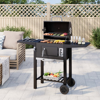 Black Outdoor Charcoal BBQ Grill with Lid Cover and Smoke Stack