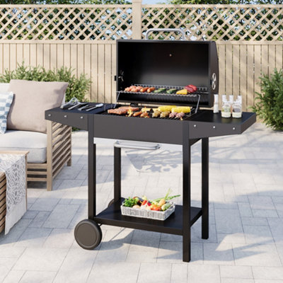 Black Outdoor Charcoal BBQ Grill with Lid Cover and Wheels Black at B&Q