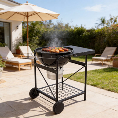 Black Outdoor Round Charcoal Grill with Side Table and Wheels