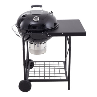 Black Outdoor Round Charcoal Grill with Side Table and Wheels
