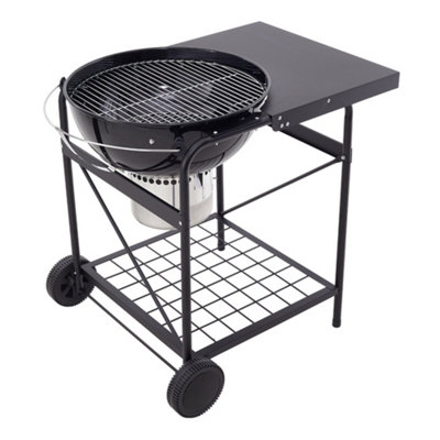 Black Outdoor Round Charcoal Grill with Side Table and Wheels