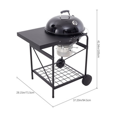 Black Outdoor Round Charcoal Grill with Side Table and Wheels