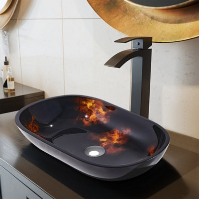 Black Oval Glass Counter Mounted Bathroom Counter Top Basin Wash Sink W ...