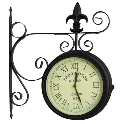 Black Paddington Double Sided Faced Metal Garden Outdoor Wall Clock ...