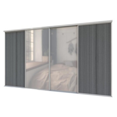 Black Pine & Mirror 4-Door Sliding Wardrobe Door Kit, Silver Frame ...